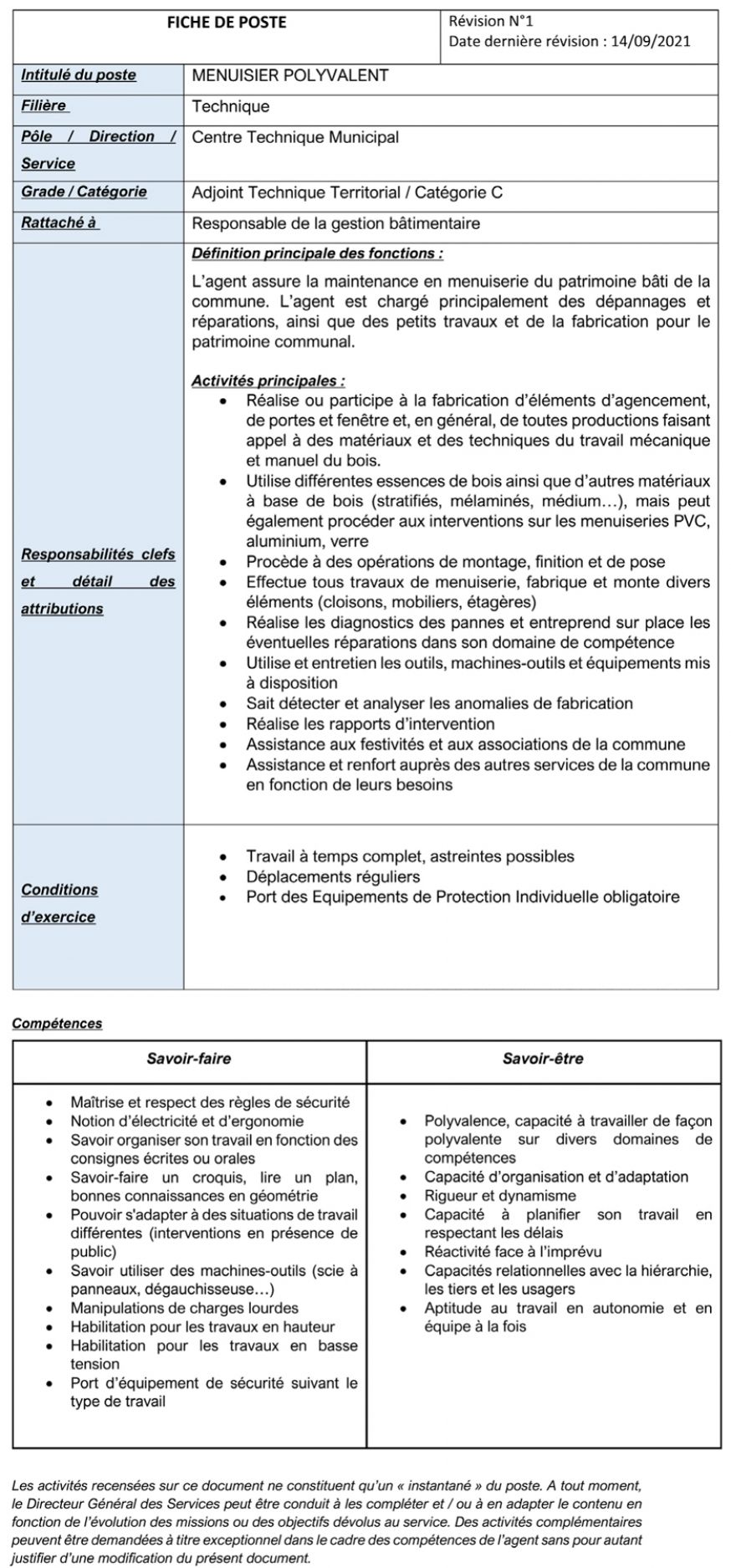 Fiche de poste menuisier polyvalent - Ville de Denain